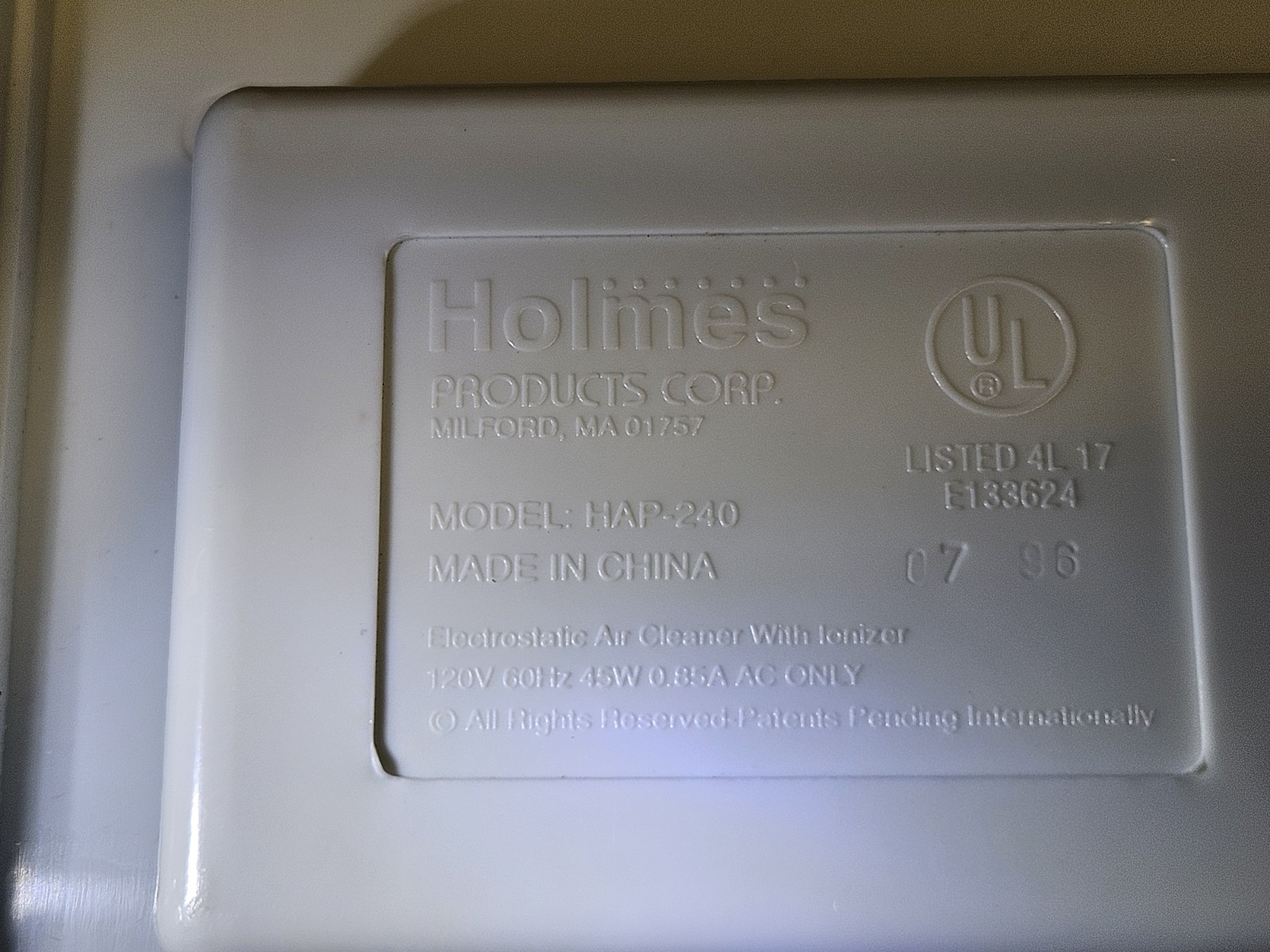 Working Holmes Air Purifier Ionizer Model HAP240 for sale online | eBay