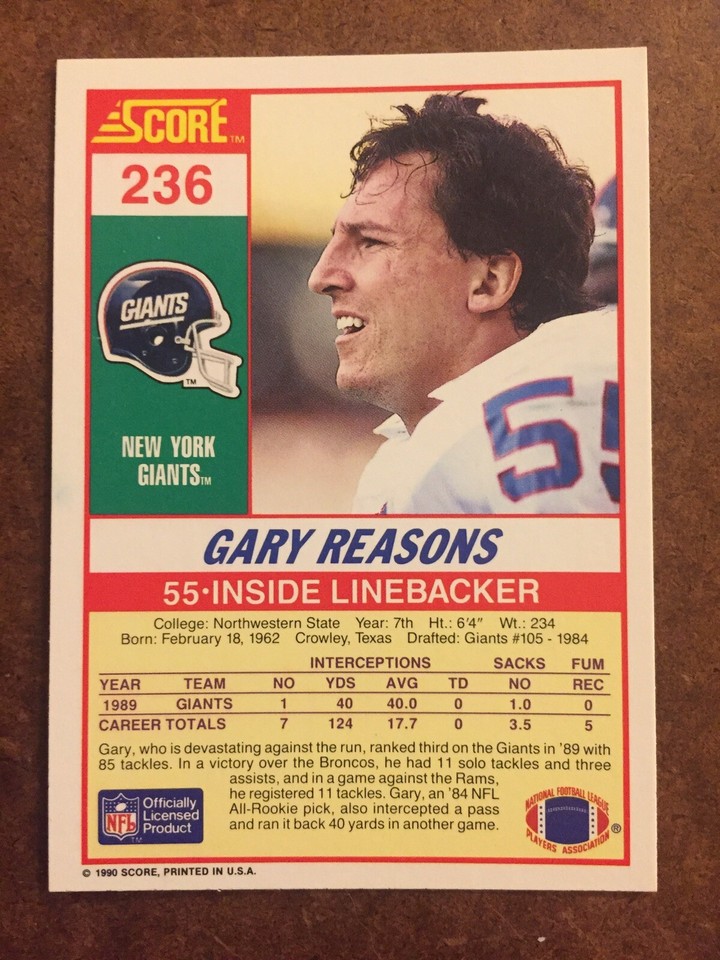 Gary Reasons 236 Score 1990 NFL Football Trading Card | eBay