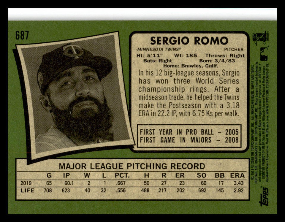 2020 Topps Heritage Sergio Romo #687 Minnesota Twins | eBay