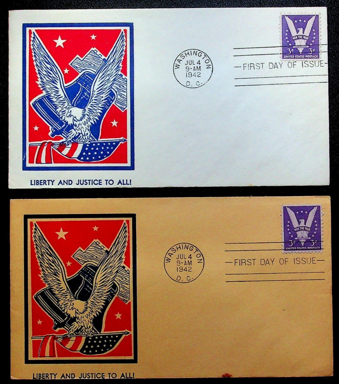 2-FDCs #905-69, 7/4/1942, D.C. UNADDRESSED, 1-YELLOW & 1- WHITE ...