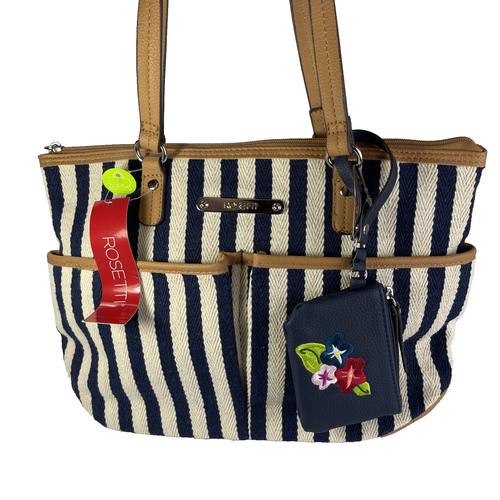 NWT ROSETTI Handbag Purse Blue White Stripe Herringbone W/ Blue Flower ...
