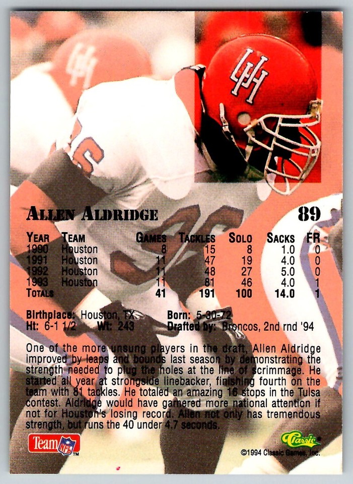 1994 CLASSIC NFL DRAFT ALLEN ALDRIDGE DENVER BRONCOS #89 | eBay