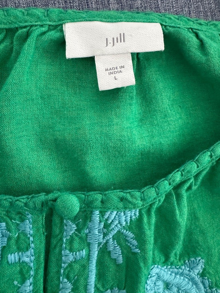 J Jill green peasant top with blue embroidery, 3/4 sleeves, button ...