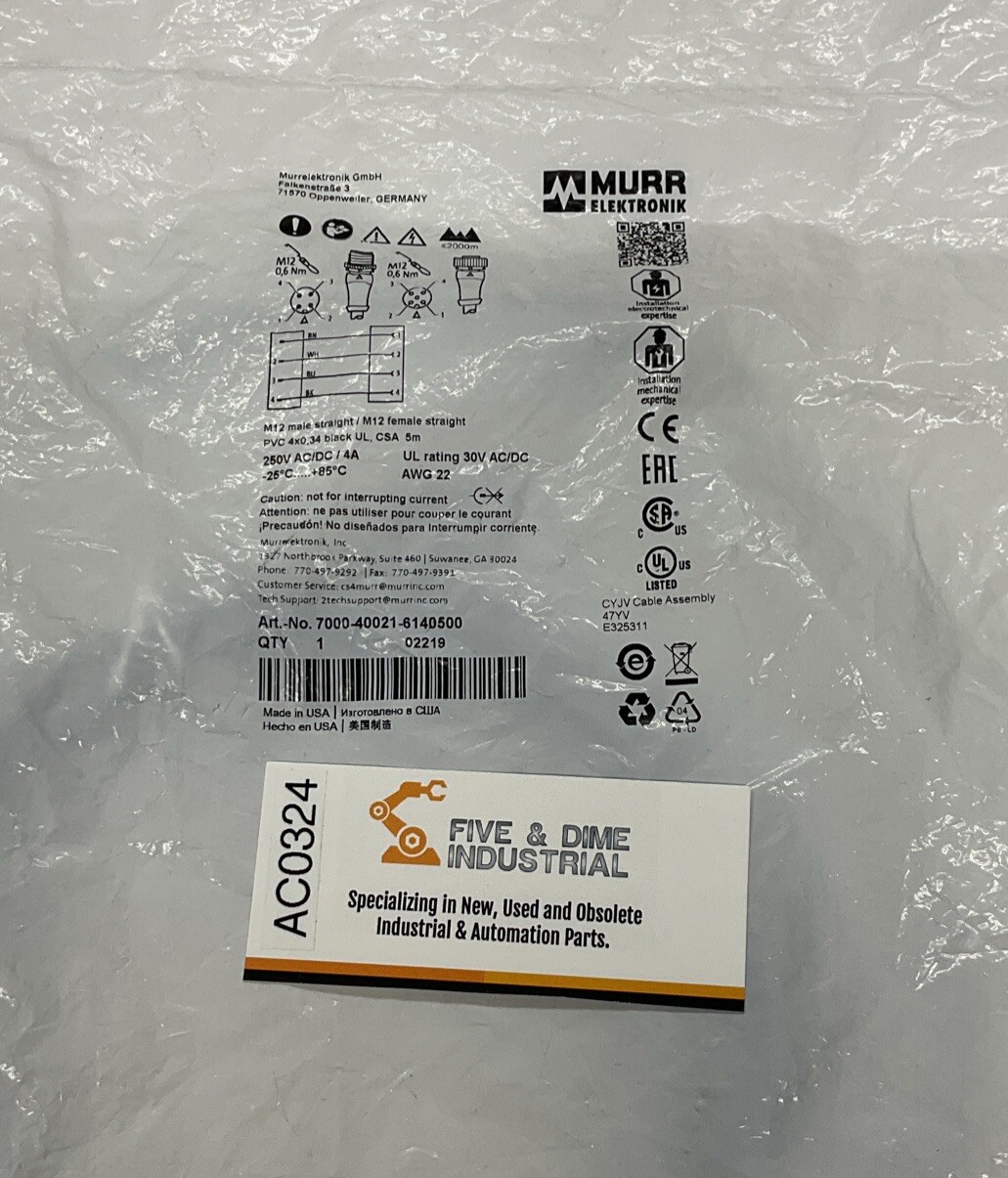 Murr Elektronik 7000-40021-6140500 M12 4-Pole Male/Female Cable 5 ...