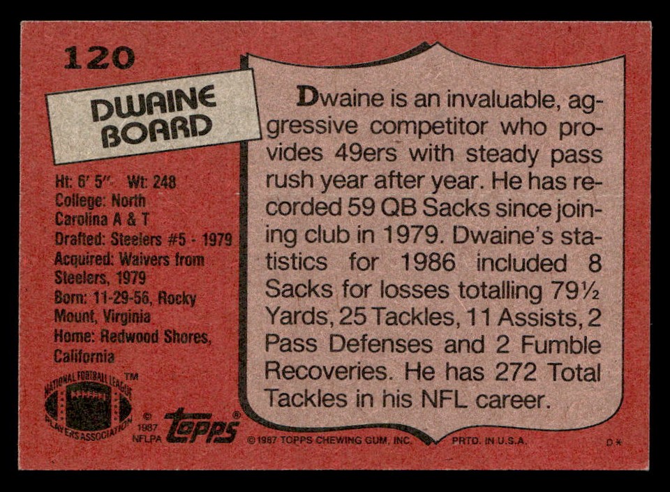 Dwaine Board 1987 Topps Card #120 San Francisco 49ers | eBay