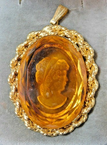 Vintage Heavy Glass Reverse Intaglio Cameo Young Lady Filigree Gold ...