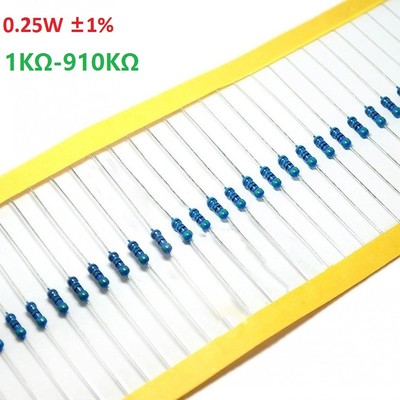 100pcs 1/4W Watt 0.25W Metal Film Resistor ±1% 1K Ω to 910K Ω Ohm Brand ...