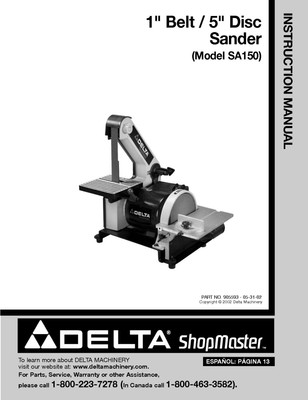 Delta Shopmaster SA150 1" Belt 5" Disc Sander Instruction Manual | eBay