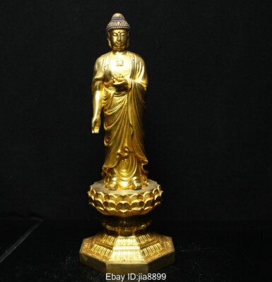 14.8" Old Chinese Tibet Buddhism Bronze Stand Shakyamuni Amitabha ...