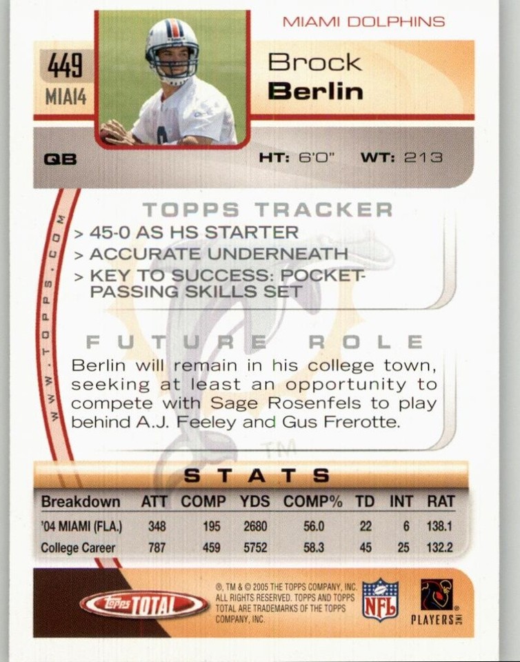 2005 Topps Total Brock Berlin Rookie #449 RC Miami Dolphins | eBay