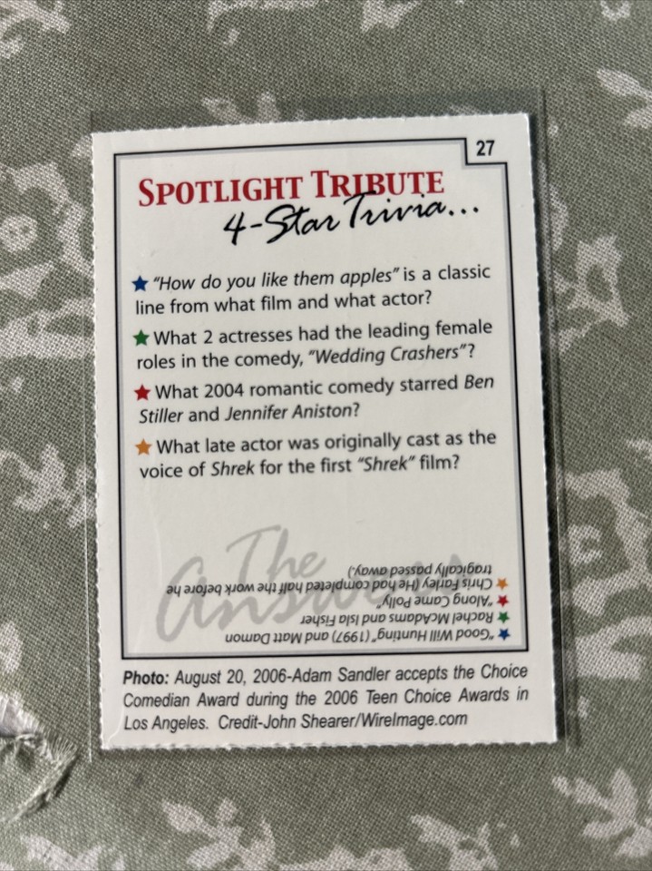 Adam Sandler Actor 2007 Spotlight Tribute 4-Star Trivia Trading Card ...