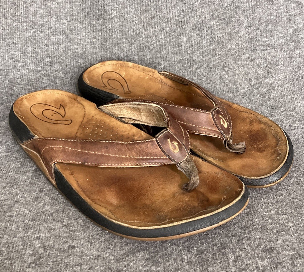 Olukai Kumu Sandals Men's 11 Brown Leather Slip On Flat Thongs ISSUES ...