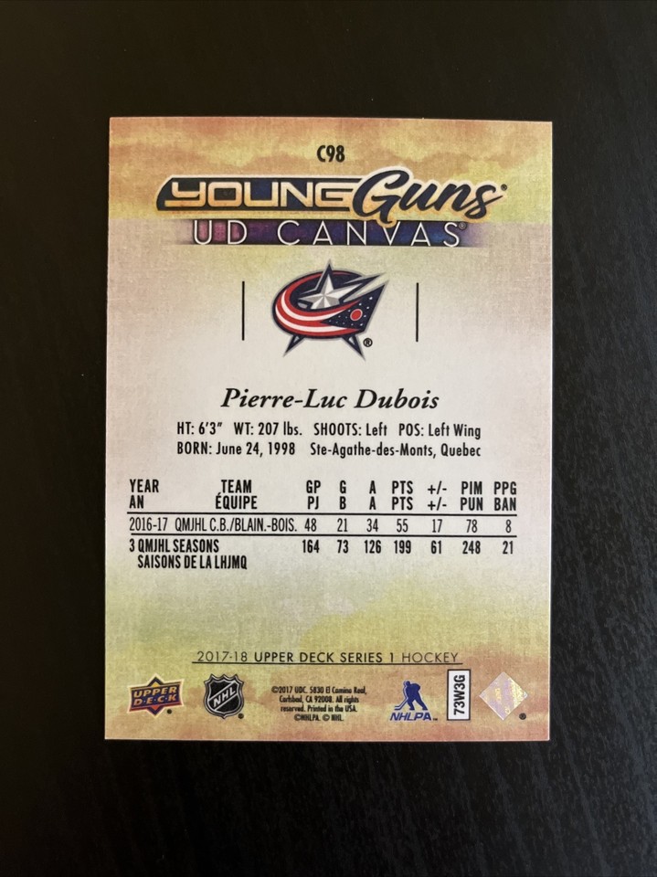 2017-18 Upper Deck UD Canvas Young Guns #C98 Pierre-Luc Dubois Rookie ...