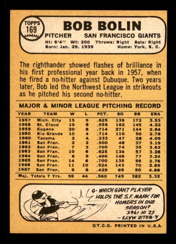 1968 Topps Baseball #169 Bob Bolin NM *e2 | eBay