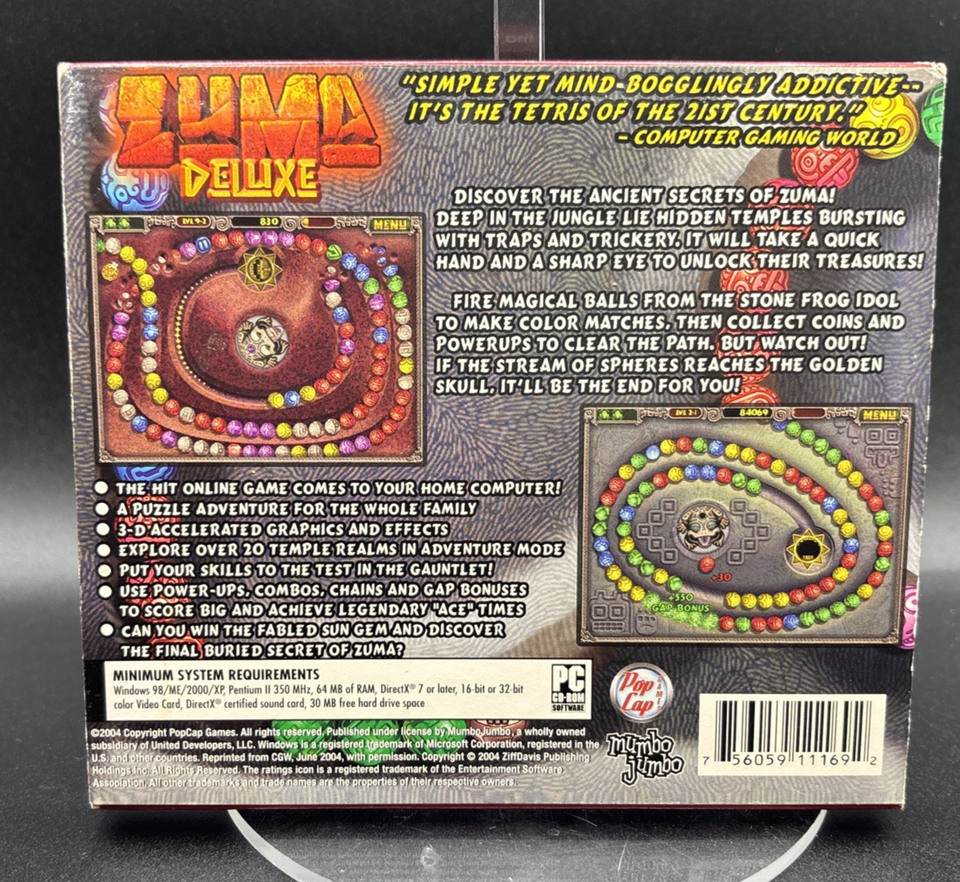 Zuma Deluxe (PC CD-ROM, 2004) PopCap Games Puzzle Arcade w/ Slipcover ...