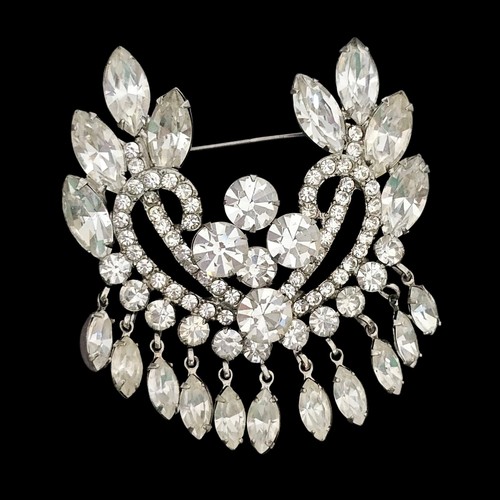 Vintage Winged Glass Rhinestone Silver Tone Dangle Drop Pin Brooch 2.25 ...