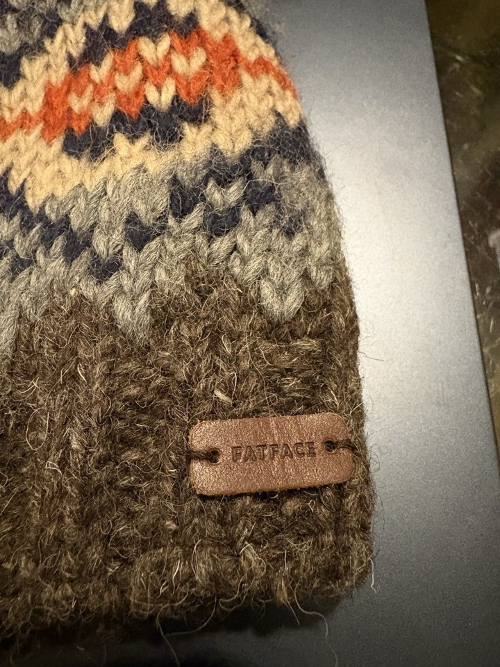 FatFace Fair Isle Wool Beanie Hat Brown Knit Leather Tab Lined Nepal ...