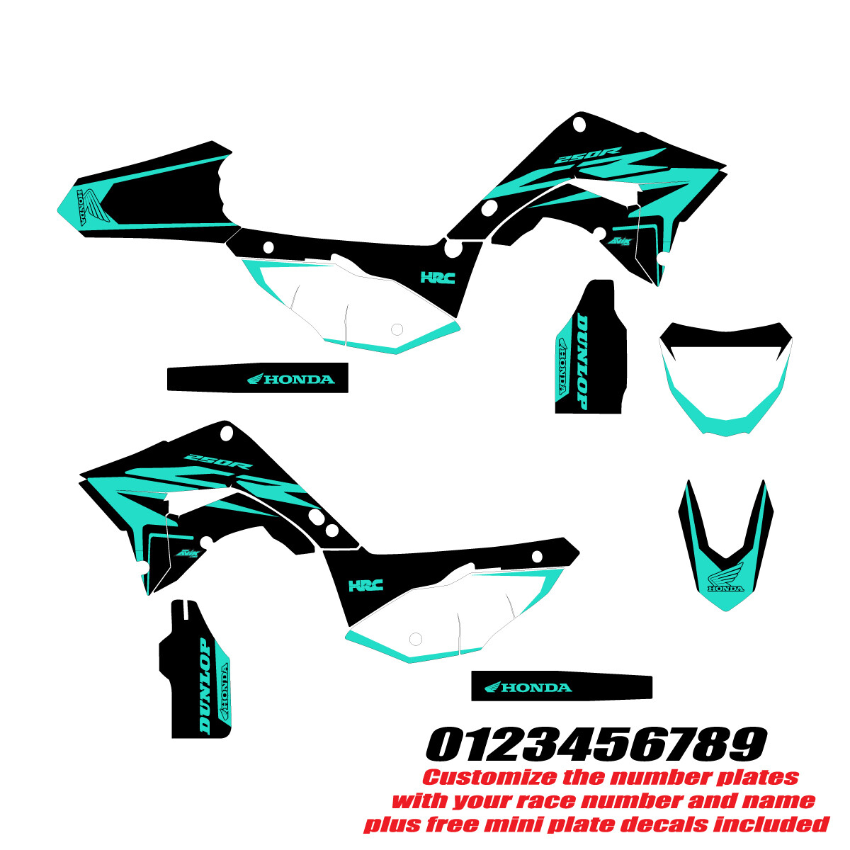 CR250 Polisport Restyle Honda 2002+ graphic kit black/mint custom #'s ...
