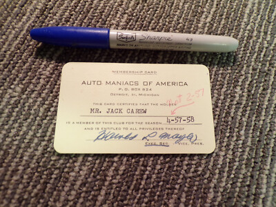 Vtg 1957-1958 Auto Maniacs of America Car/Auto Club Membership Card ...
