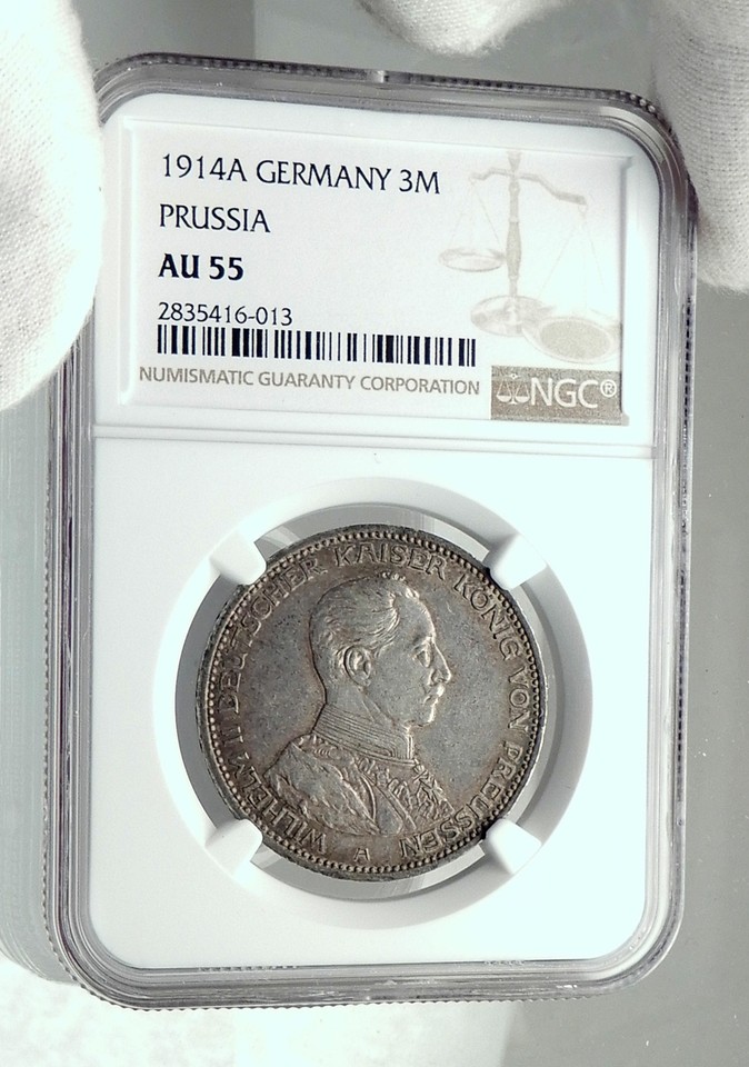 1914 GERMANY GERMAN STATES PRUSSIA WILHELM II Genuine Silver 3M Coin ...