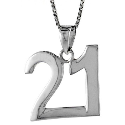 925 Sterling Silver Number 21 Necklace 3/4 (19mm) Inch Tall, 2mm Curb ...