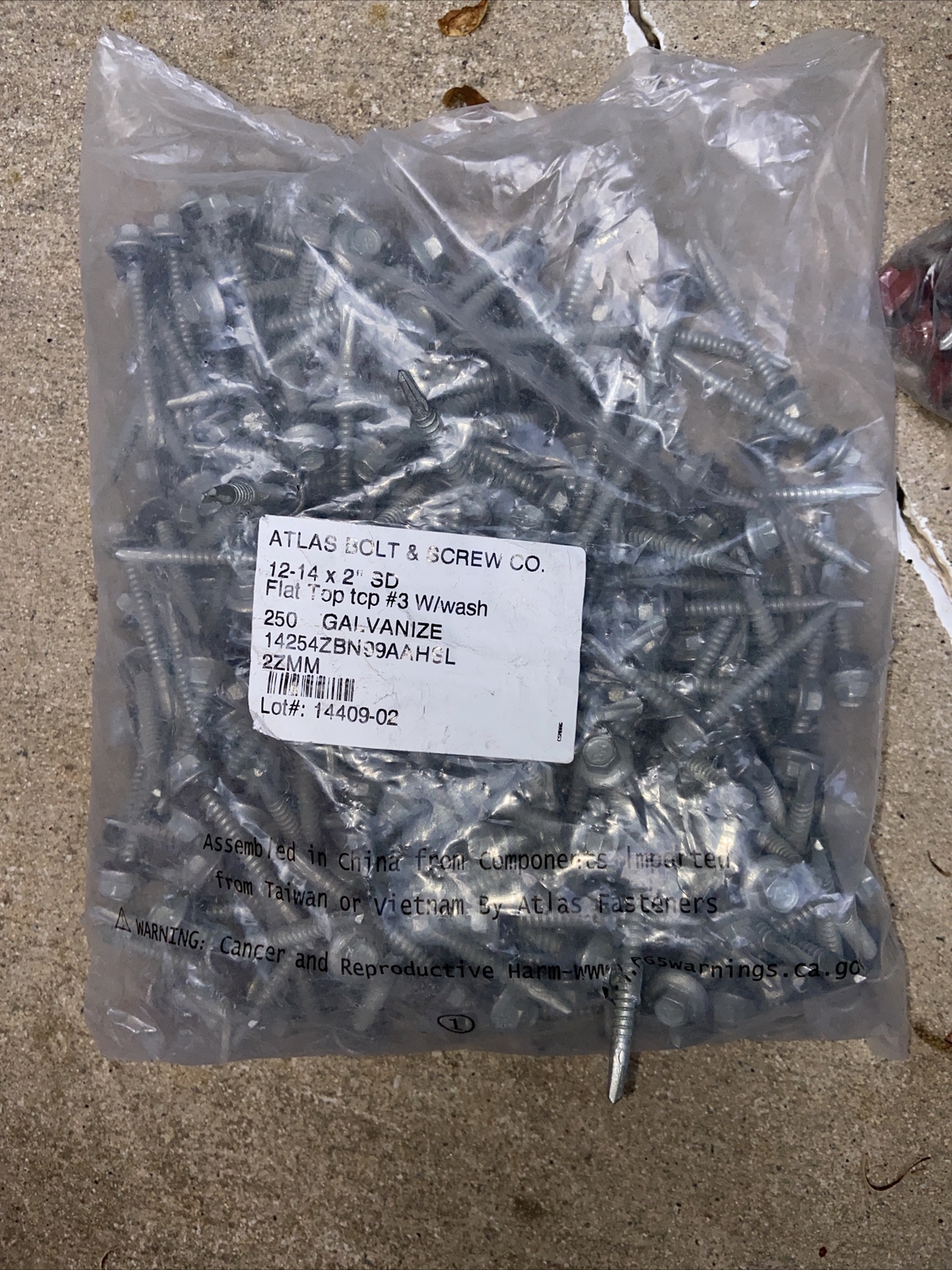 Bag of 250 Atlas 12-14 x 2” D flat top tcp #3Self Drill Lap Screw ...