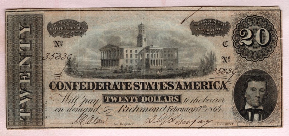REAL CONFEDERATE CURRENCY 20 DOLLARS BILL CIVIL WAR RICHMOND MONEY ...