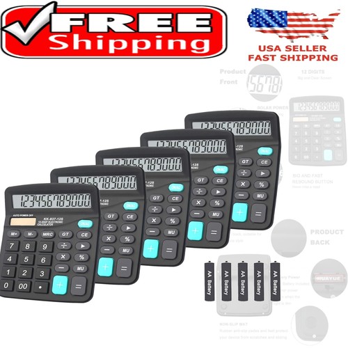 Compact 12-Digit Dual Power Calculators with Memory - Set of 5 for All ...