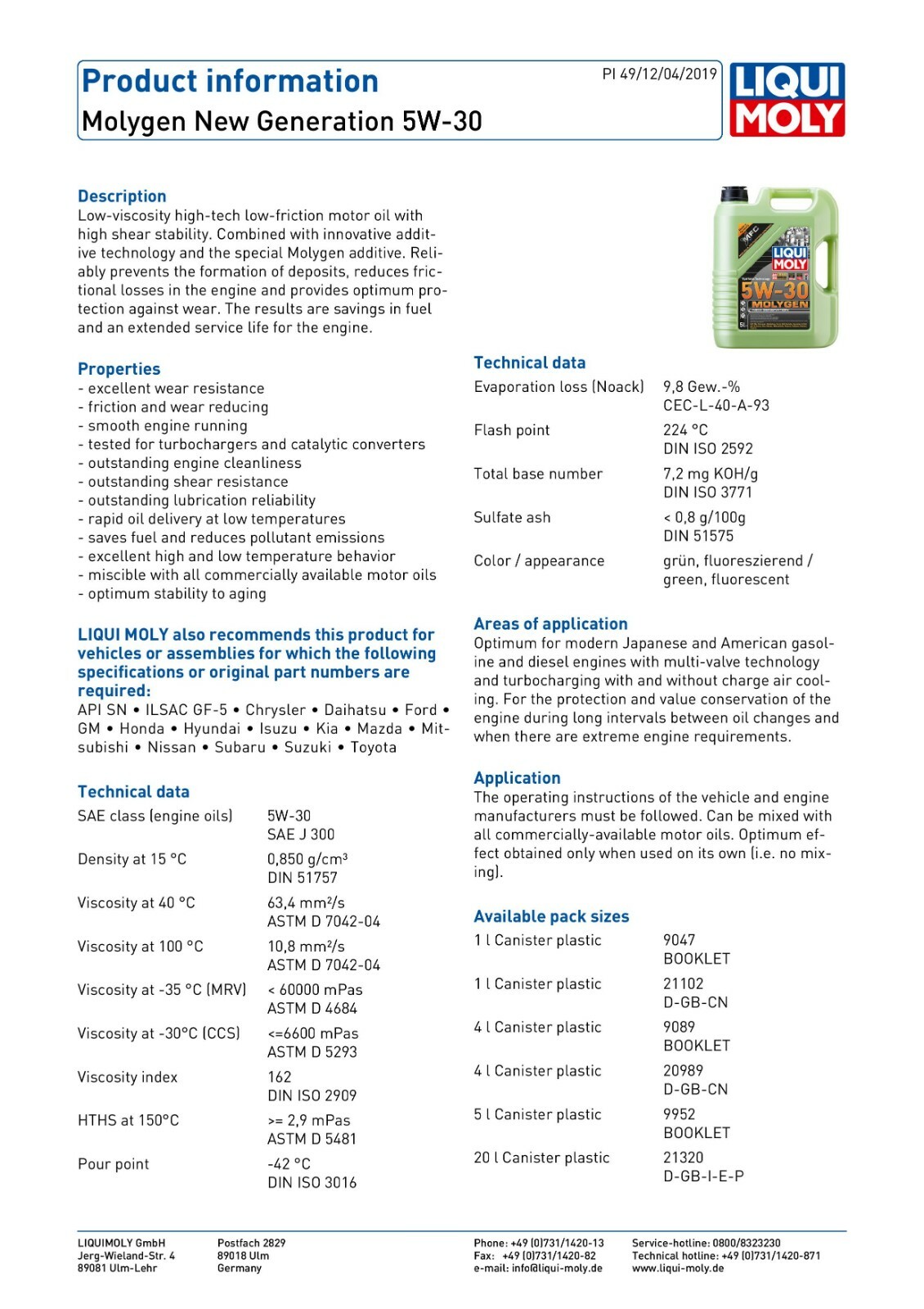 Liqui Moly MOLYGEN NEW GENERATION Synthesis technology 5W-30 5 Liters ...