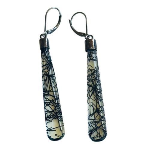 Black Ritulated Quartz Earrings Dangle Sterling 925 Pierced dangle MOD Statement | eBay