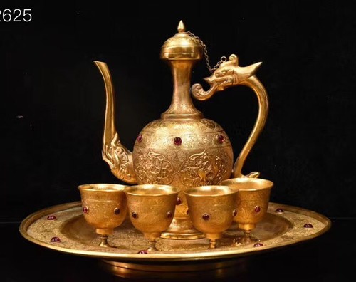12" Bronze 24K Gold Plated Inlay Gemstones Dragon Flagon Plate Cup Set ...