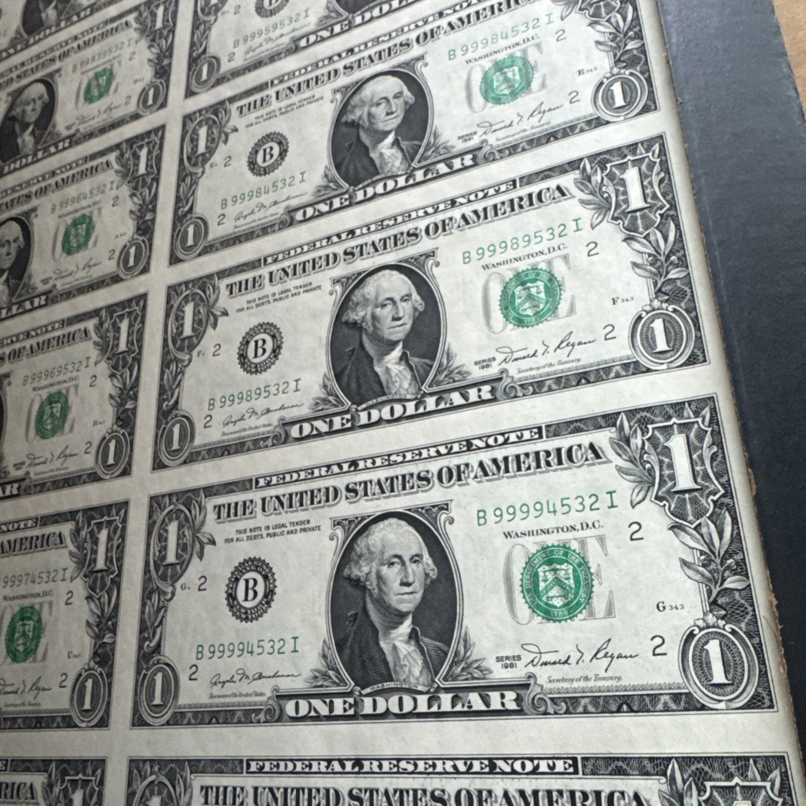 1981 UNCUT CURRENCY SHEET OF 32 ONE DOLLAR NOTES ~ $1 BILLS ~B ...