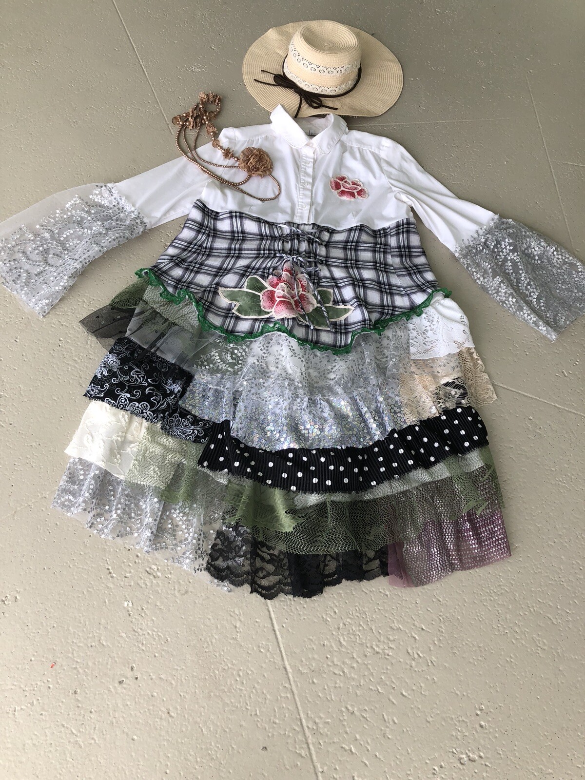 Handmade Patchwork Plaid Flower Appliqued Cowgirl/Country Farm Dress L ...