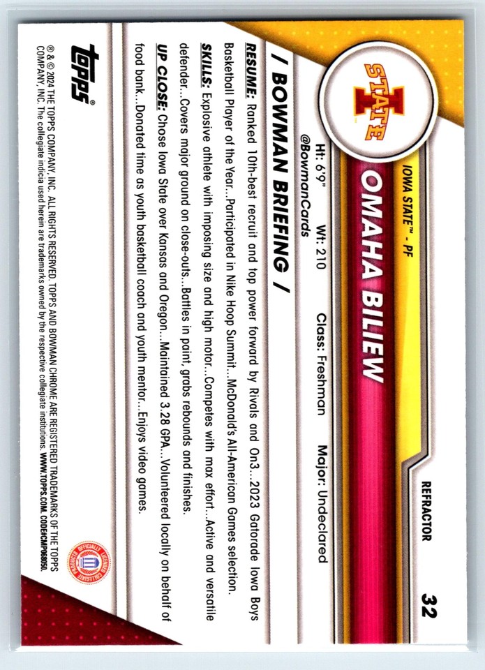 Omaha Biliew 2023 Bowman University Chrome Refractor Iowa State ...