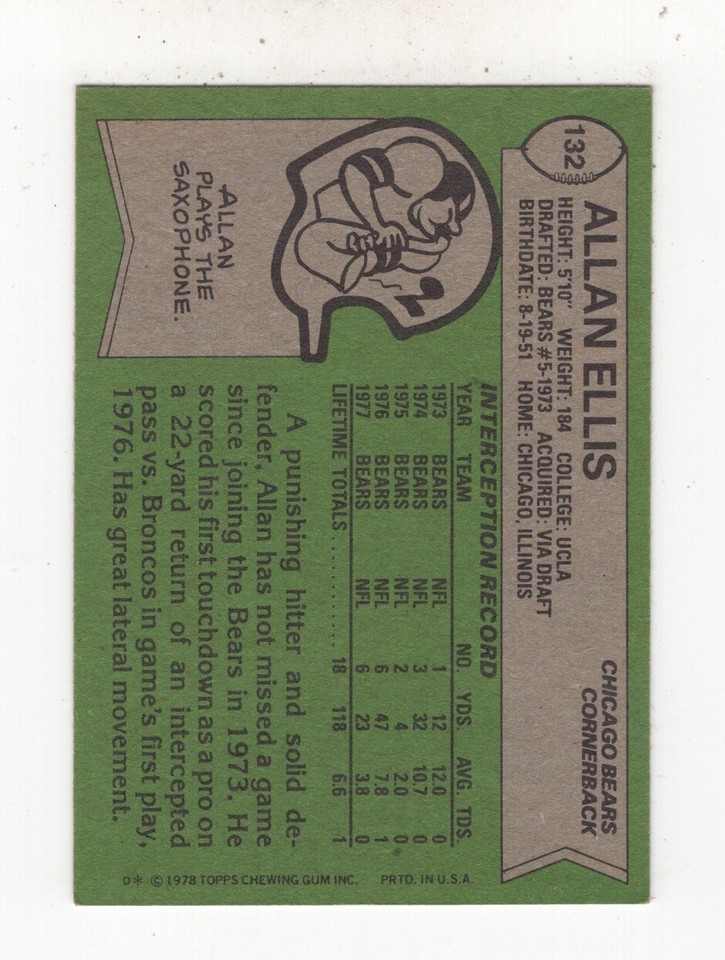 1978 TOPPS FOOTBALL ALLAN ELLIS CHICAGO BEARS #132 | eBay