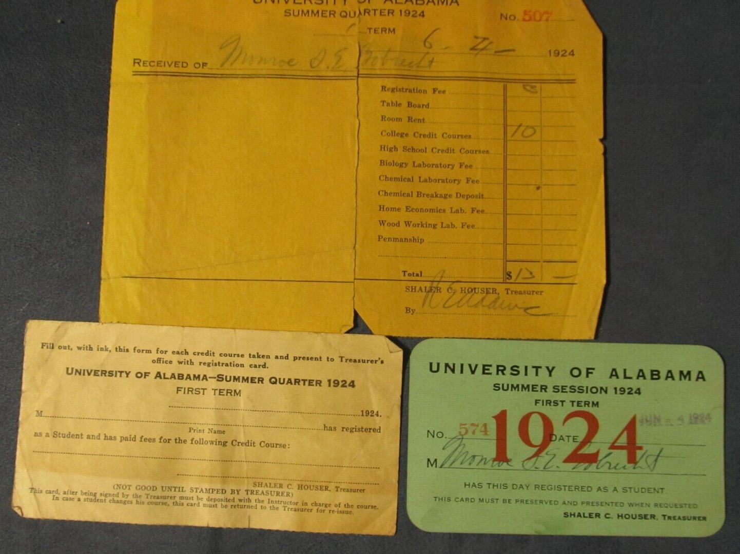 1924 UNIVERSITY OF ALABAMA ID Card, Course Registration, Receipt | eBay