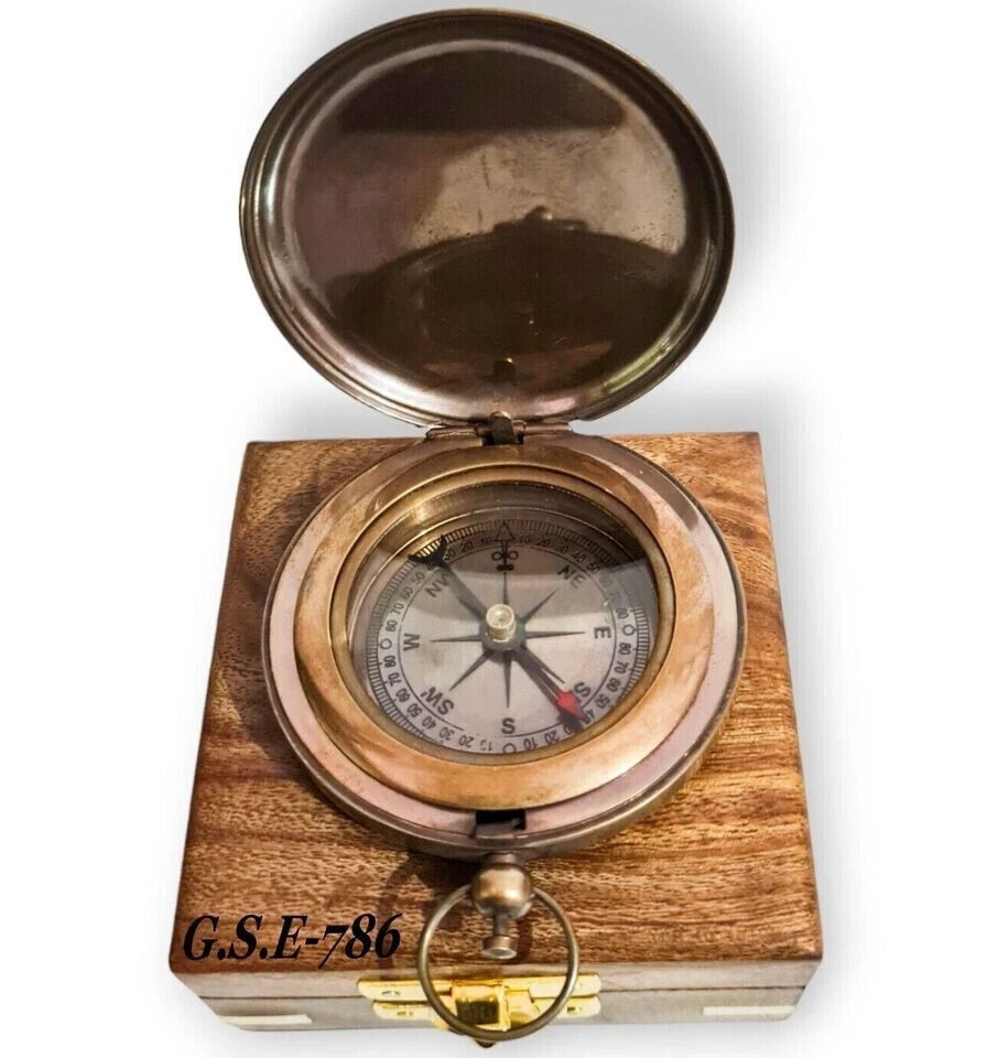 gifts Vintage Nautical Brass Push Button Compass Berlin 1936 Wooden Box ...
