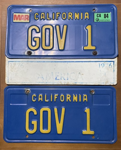 1976 California Governor License Plate Pair ~GOV 1~ w 1984 Registration ...