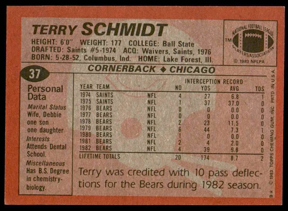 1983 Topps Terry Schmidt Chicago Bears #37 | eBay