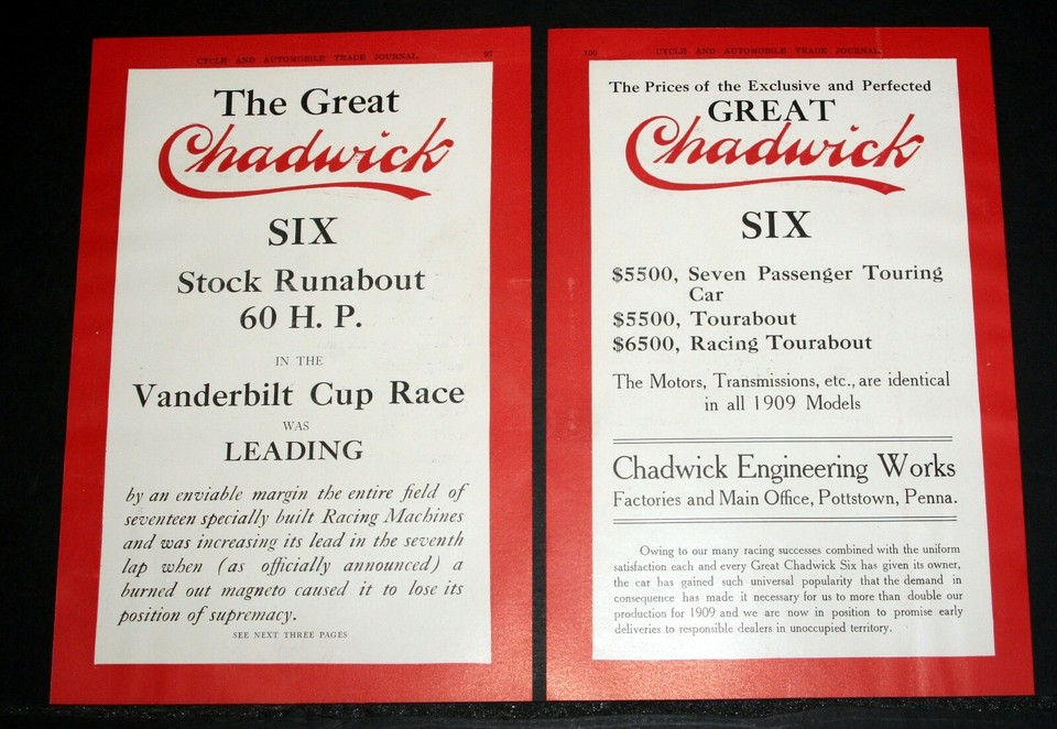 1908 OLD MAGAZINE PRINT AD, 1909 GREAT CHADWICK SIX, LEADING VANDERBILT ...