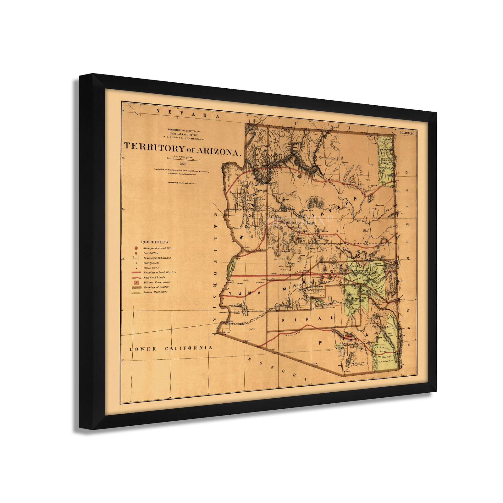 1876 Arizona Map - Framed Vintage Map of Arizona State Territory Wall ...