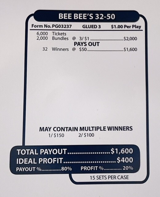 Pull Tab Ticket - Jar - Tickets Game - Bee Bee's $50 - 2,000 ct | eBay