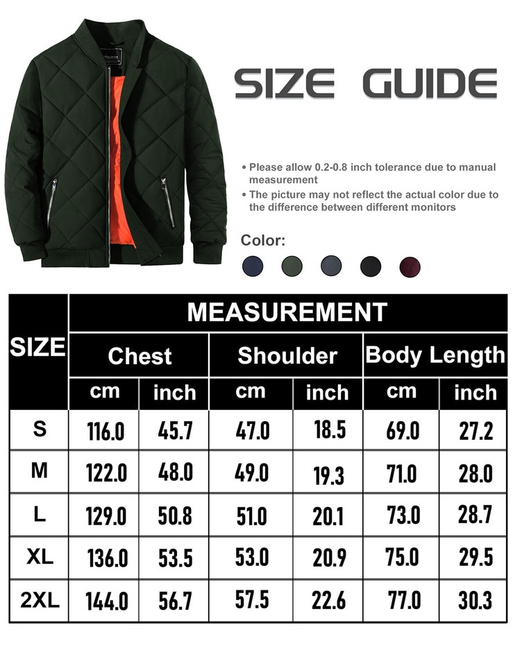 Men's Padded Bomber Jackets Winter Full Zip Fleece Outwear Casual Work ...
