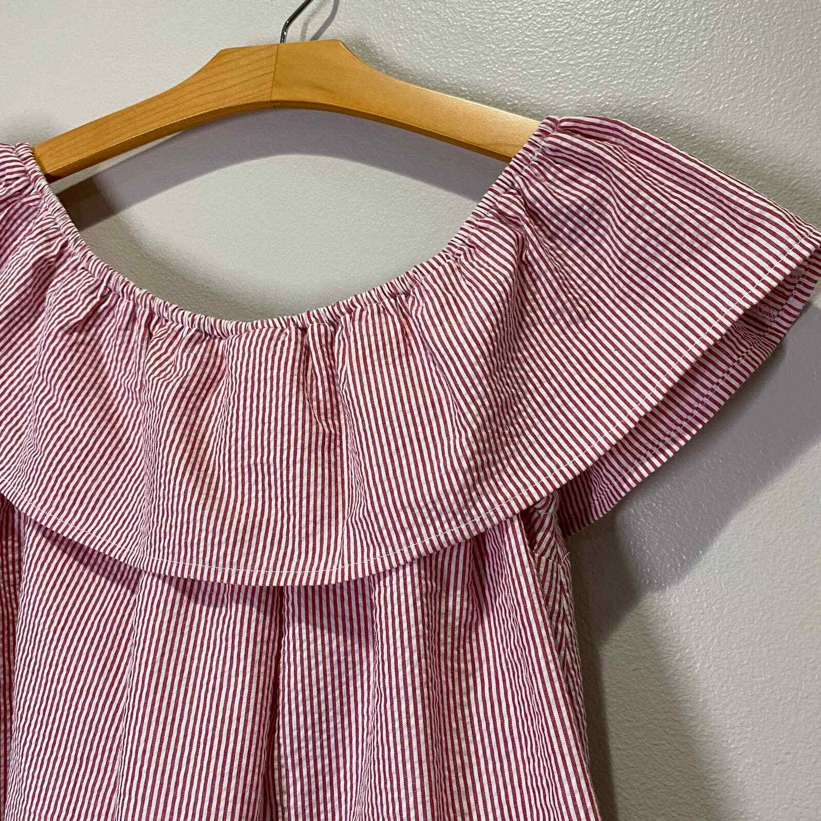 Lauren James Red White Seersucker Striped Ruffle Open… - Gem