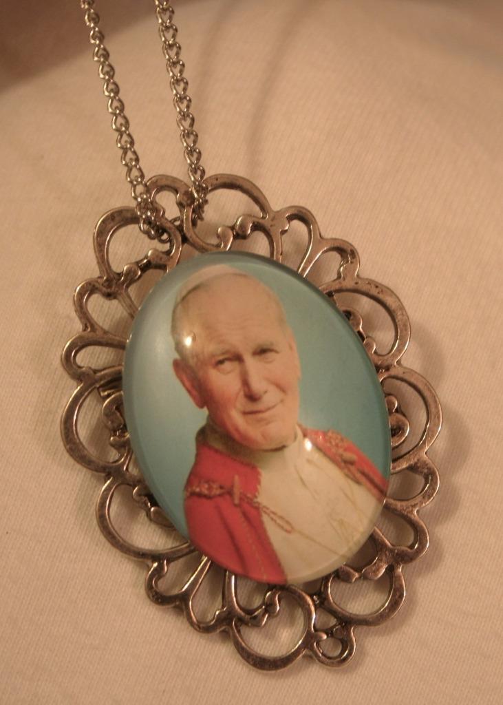Festooned Silvertone Blue Accented Pope John Paul II Cameo Necklace ...