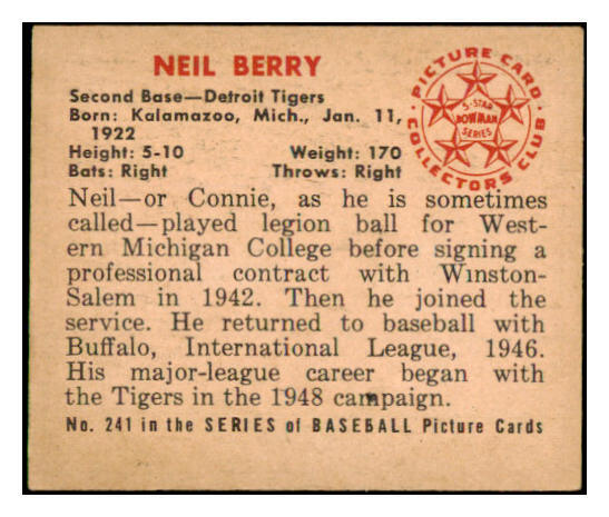 1950 BOWMAN #241 NEIL BERRY TIGERS VG-EX NO COPYRIGHT 488984 (KYCARDS ...