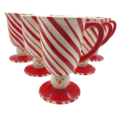 Hallmark Candy cane red white stripe snowman footed mug set ceramic 5.5 ...