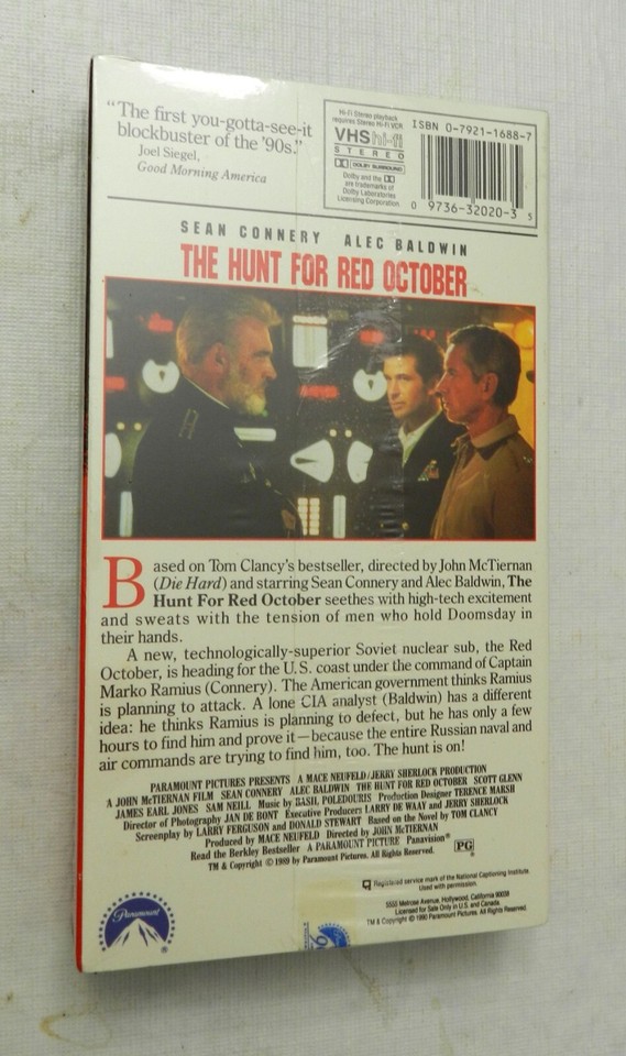 The Hunt for Red October VHS Movie Tape 1989 Sean Connery Alec Baldwin ...