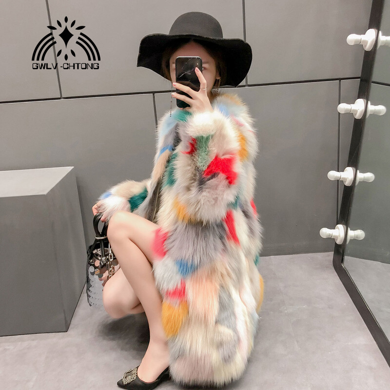 Women's Real natural multicolor Fox Fur coat Outwear ladies Fashion ...