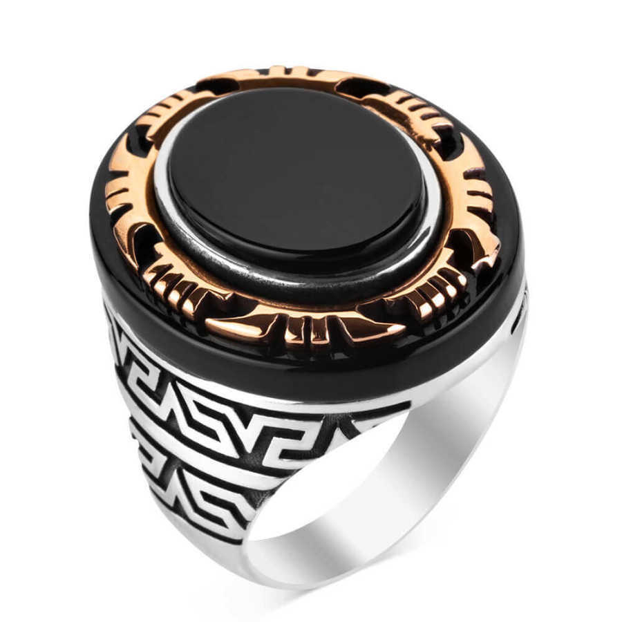 Real 925 Two Tone Sterling Silver Men's Ring with Oval Black Onyx Stone ...